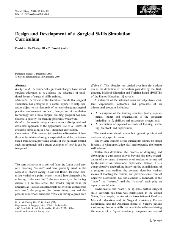 (PDF) Design and Development of a Surgical Skills Simulation Curriculum
