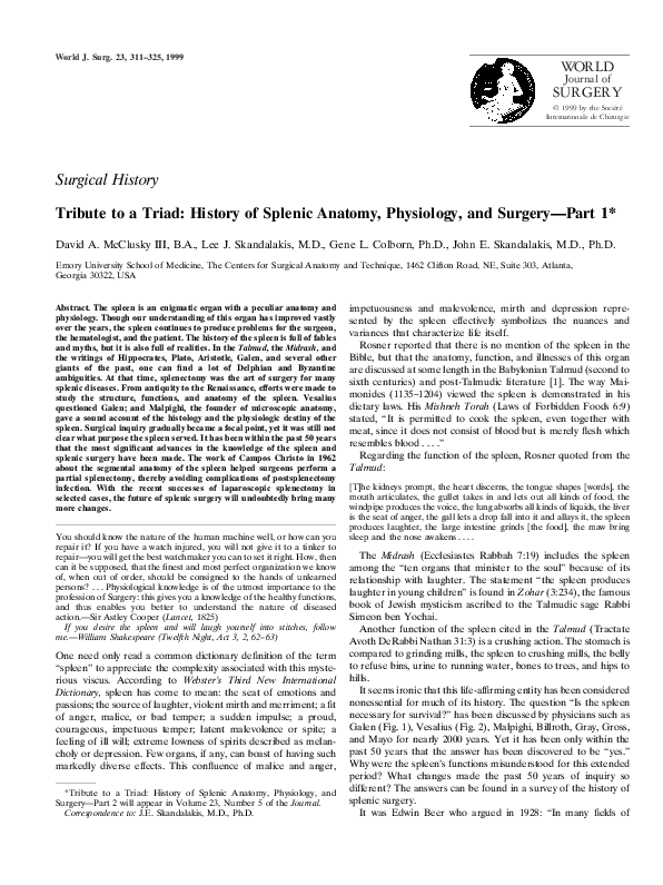 (PDF) Tribute to a Triad: History of Splenic Anatomy, Physiology, and ...