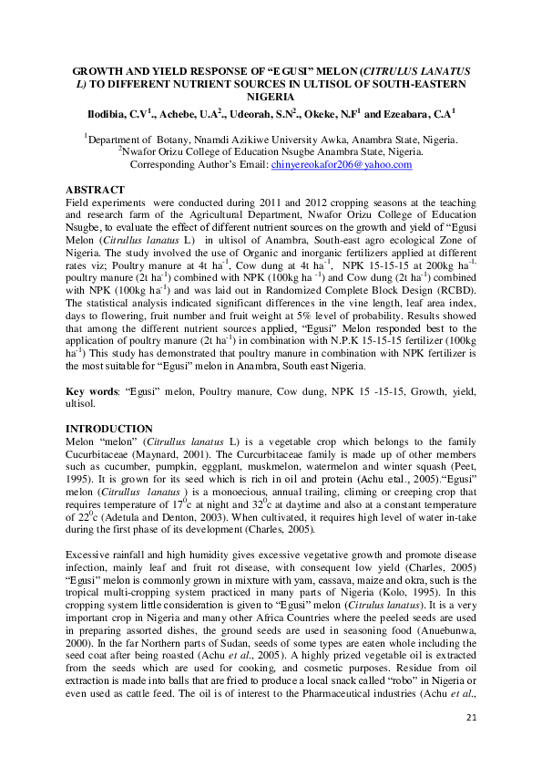 (PDF) Growth and yield response of “Egusi” melon ( Citrulus lanatus L ...