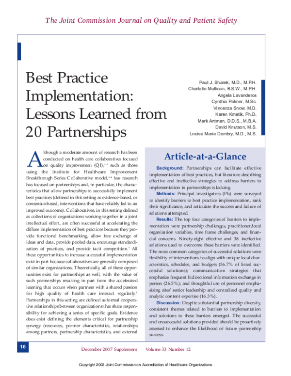 (PDF) Strategies for Effective Best Practice Implementation in Partnerships