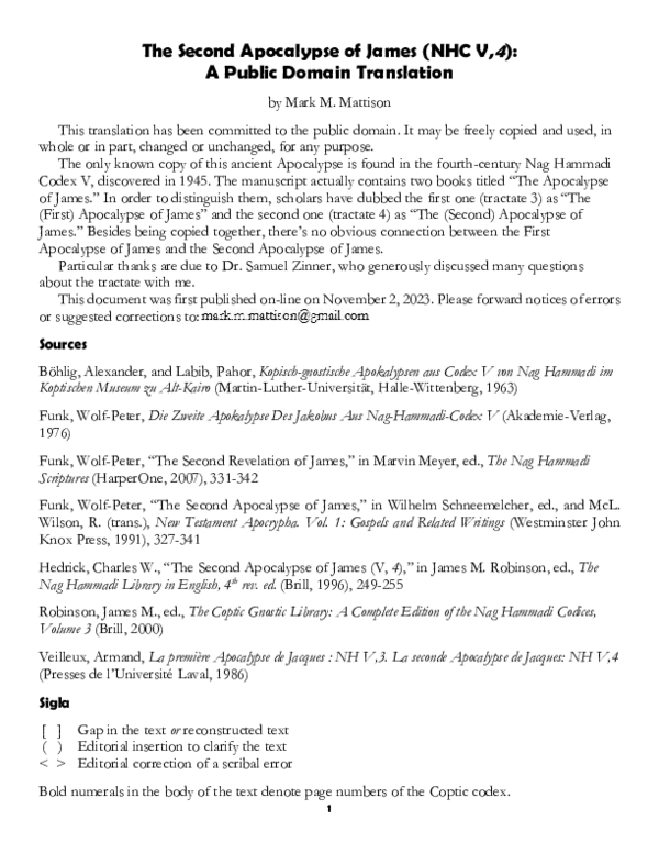 (PDF) The Second Apocalypse of James (NHC V,4): A Public Domain Translation