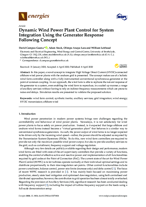 (PDF) Dynamic Wind Power Plant Control for System Integration Using the ...