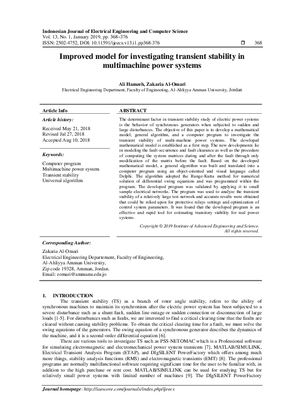 (PDF) Improved model for investigating transient stability in multimachine power systems