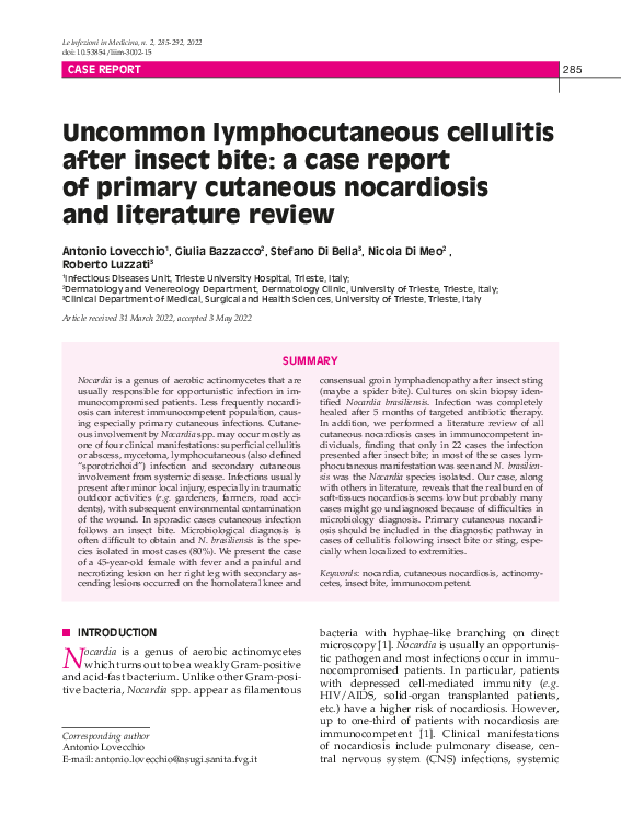 (PDF) Uncommon lymphocutaneous cellulitis after insect bite: a case ...