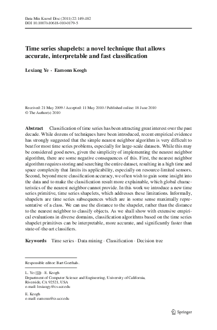 Pdf Time Series Shapelets A Novel Technique That Allows Accurate Interpretable And Fast