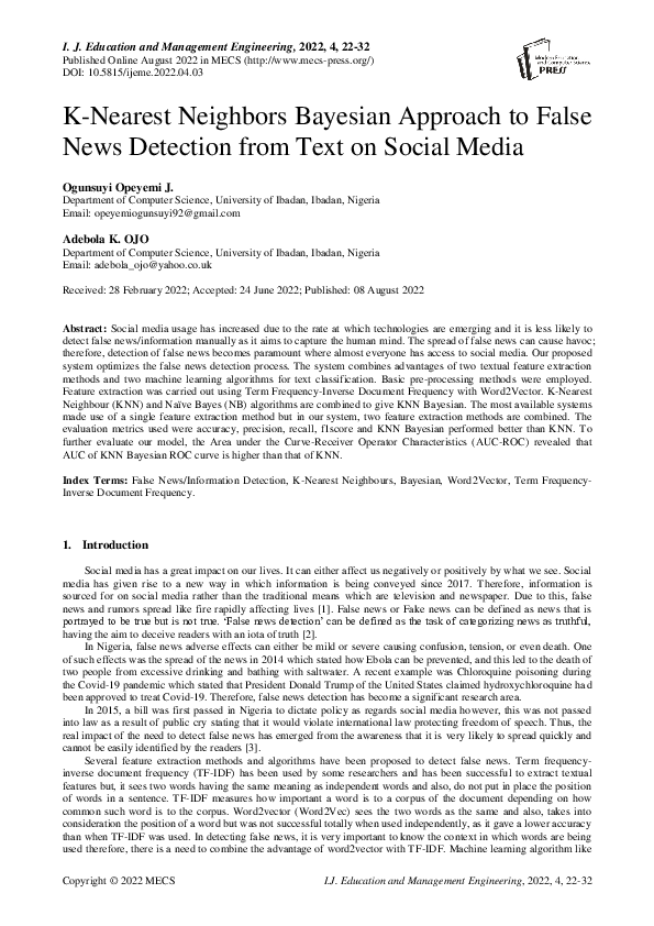 (PDF) K-Nearest Neighbors Bayesian Approach to False News Detection ...