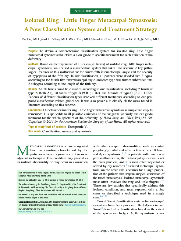 (PDF) Isolated Ring–Little Finger Metacarpal Synostosis: A New ...