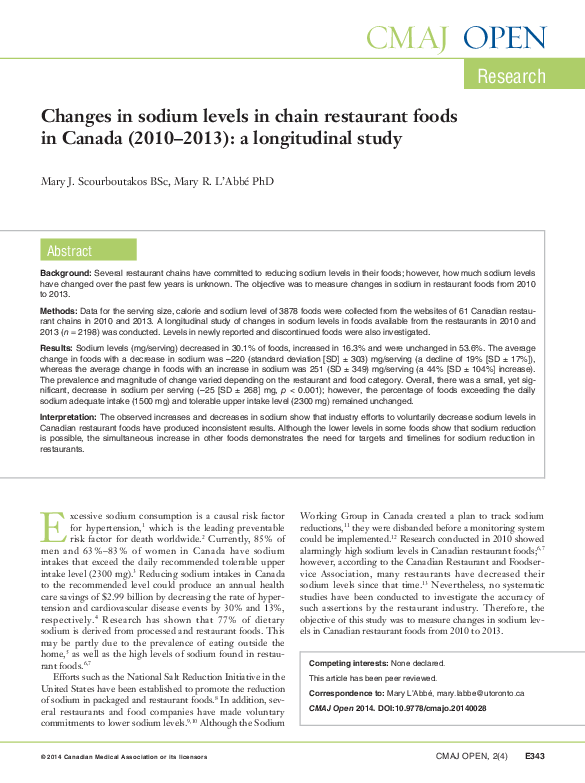 (PDF) Changes in sodium levels in chain restaurant foods in Canada ...