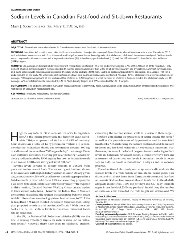 (PDF) Sodium Levels in Canadian Fast-food and Sit-down Restaurants