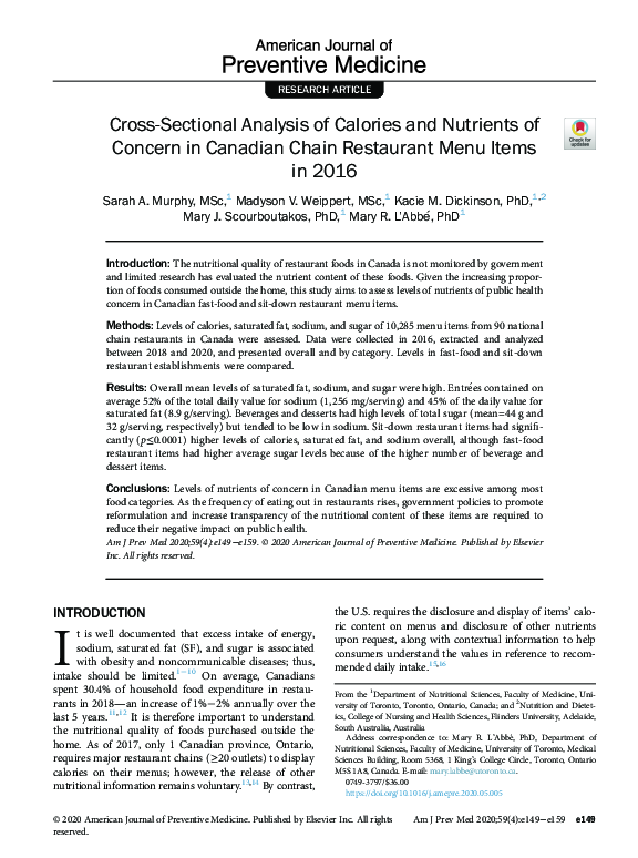 (PDF) Cross-Sectional Analysis of Calories and Nutrients of Concern in ...