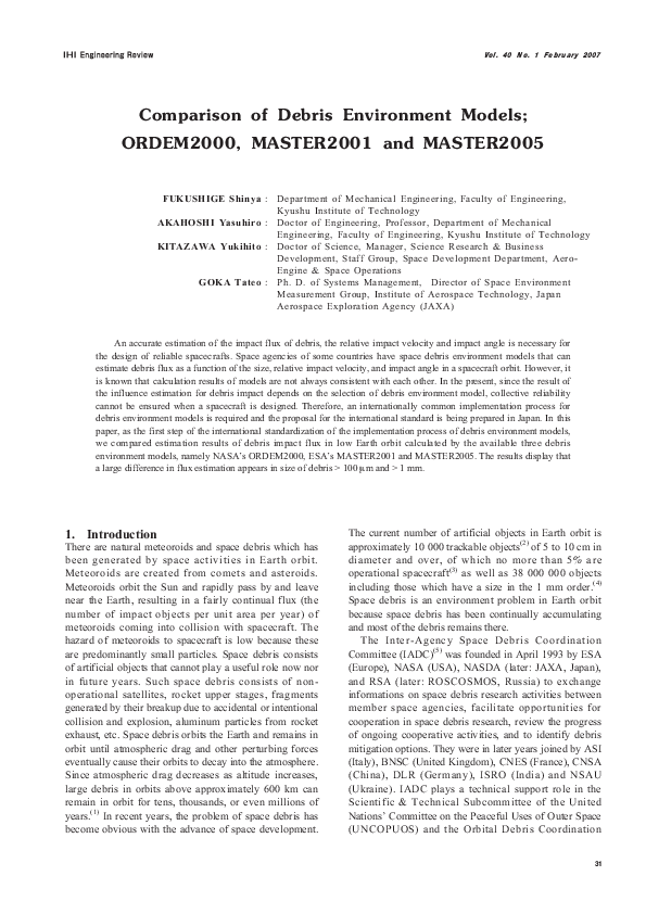 (PDF) Comparison of debris environment models; ORDEM2000, MASTER2001 ...