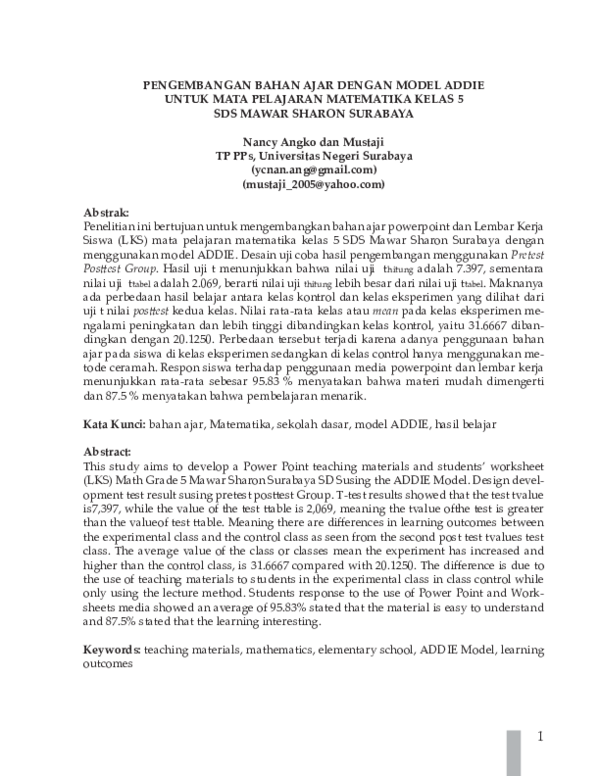 (PDF) Pengembangan Bahan Ajar Dengan Model Addie Untuk Mata Pelajaran Matematika Kelas 5 SDS ...