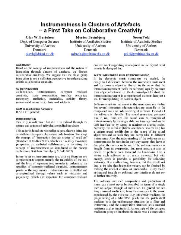(PDF) Instrumentness in Clusters of Artefacts--a First Take on Collaborative Creativity