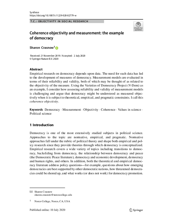 (PDF) Coherence objectivity and measurement: the example of democracy