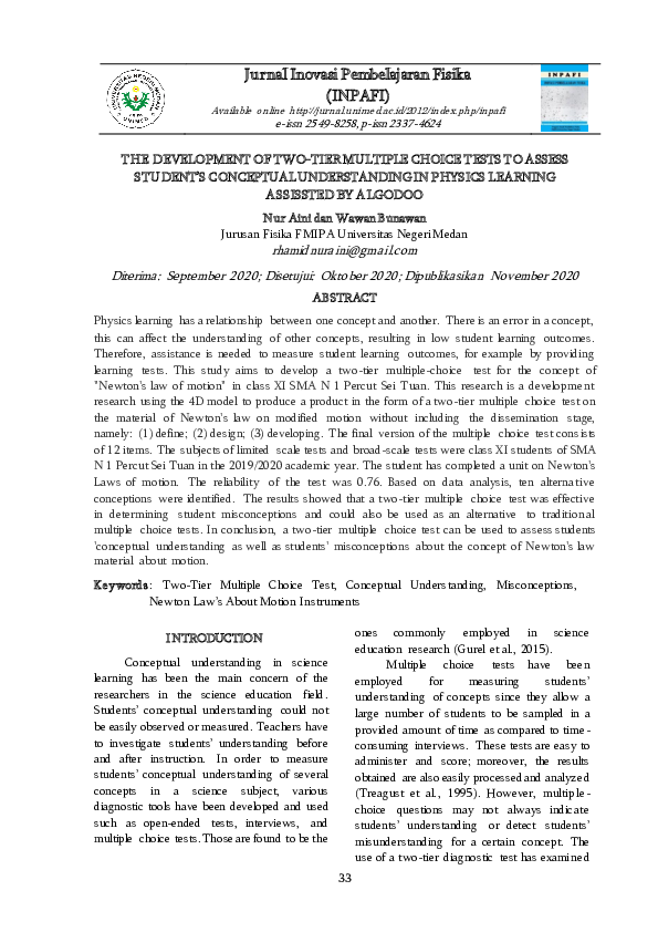 (PDF) The Development of Two-Tier Multiple Choice Tests to Assess ...