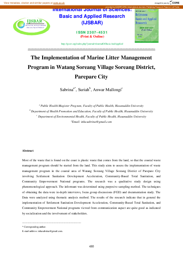 (PDF) The Implementation of Marine Litter Management Program in Watang ...