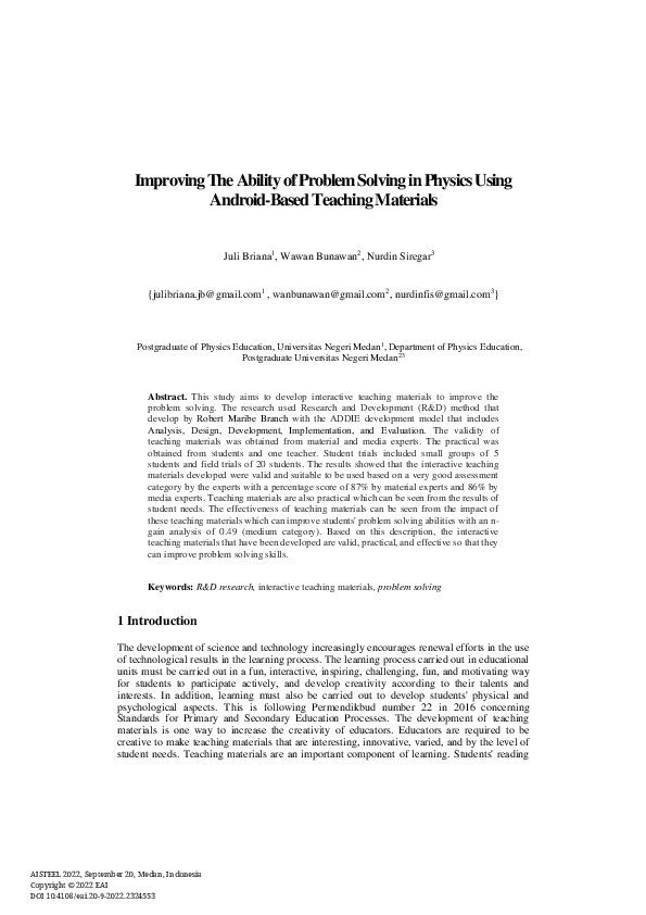 Pdf Improving The Ability Of Problem Solving In Physics Using Android Based Teaching Materials