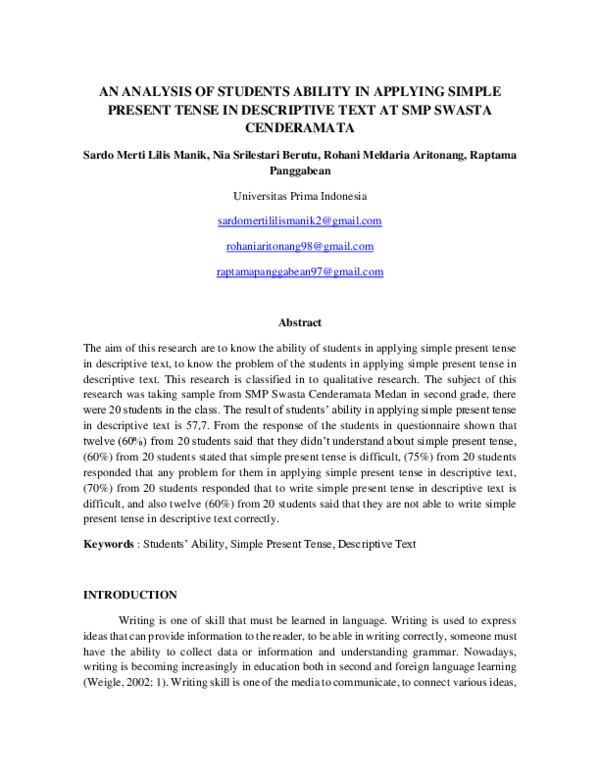 (PDF) An Analisys of Students’ Ability in Applying Simple Present Tense in Descriptive Text at ...