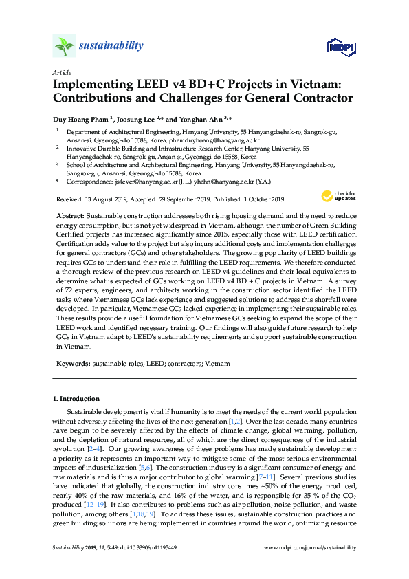 (PDF) Implementing LEED v4 BD+C Projects in Vietnam: Contributions and Challenges for General ...