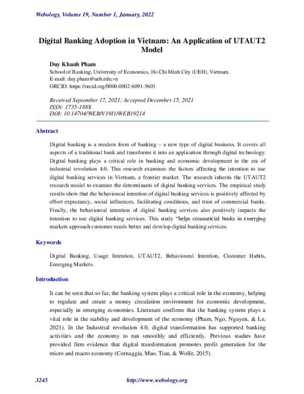 (PDF) Digital Banking Adoption in Vietnam: An Application of UTAUT2 Model
