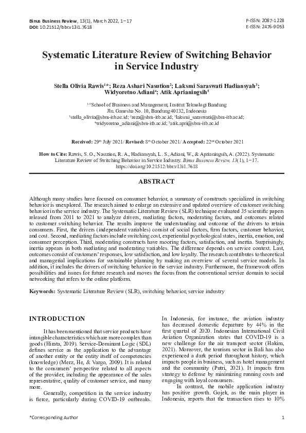 (PDF) Systematic Literature Review of Switching Behavior in Service Industry | Atik Aprianingsih ...