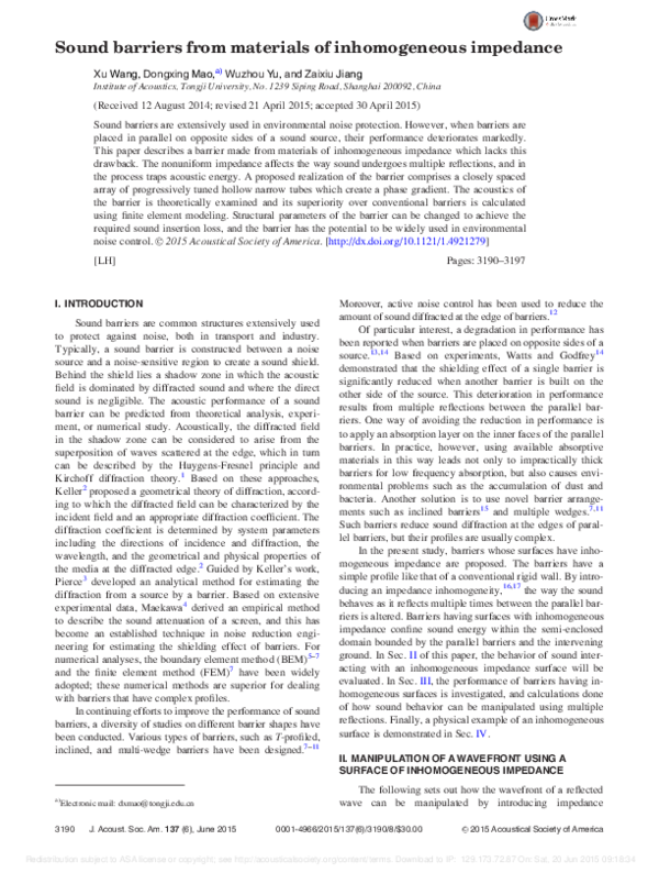 (PDF) Sound barriers from materials of inhomogeneous impedance