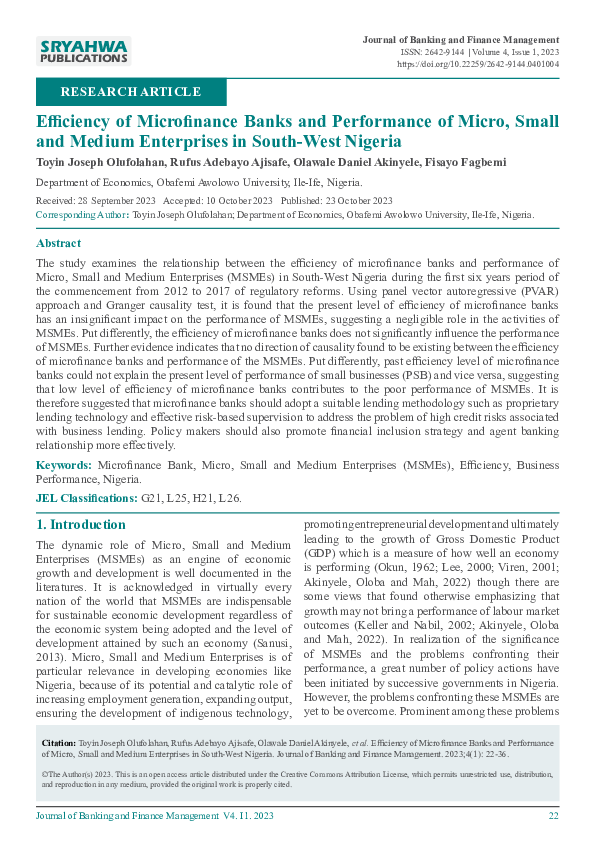 (PDF) Efficiency of Microfinance Banks and Performance of Micro, Small and Medium Enterprises in ...