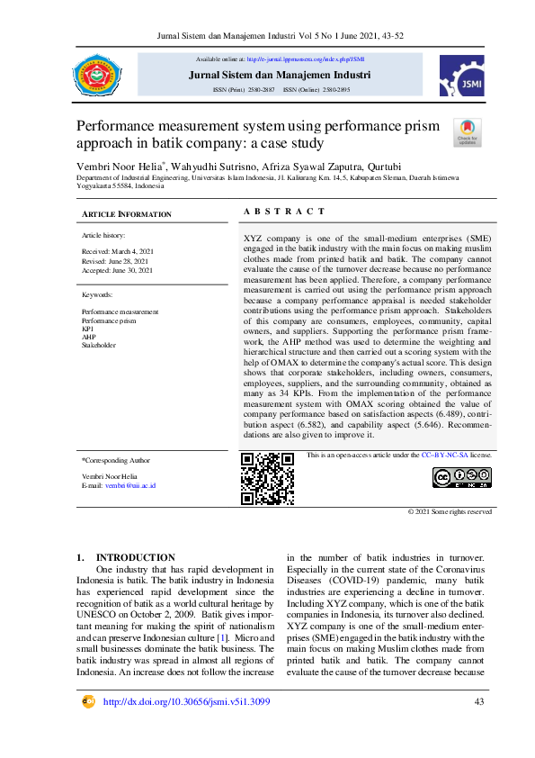 (PDF) Performance measurement system using performance prism approach in batik company: a case study