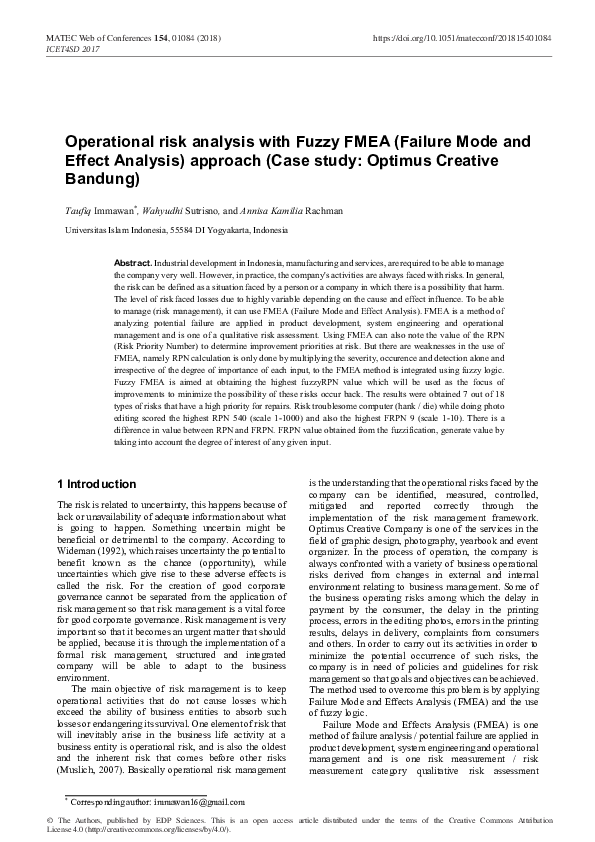 (PDF) Operational risk analysis with Fuzzy FMEA (Failure Mode and Effect Analysis) approach ...