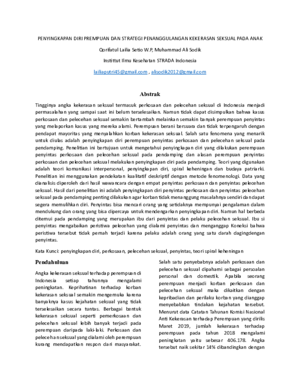 (PDF) PENYINGKAPAN DIRI PREMPUAN DAN STRATEGI PENANGGULANGAN KEKERASAN SEKSUAL PADA ANAK