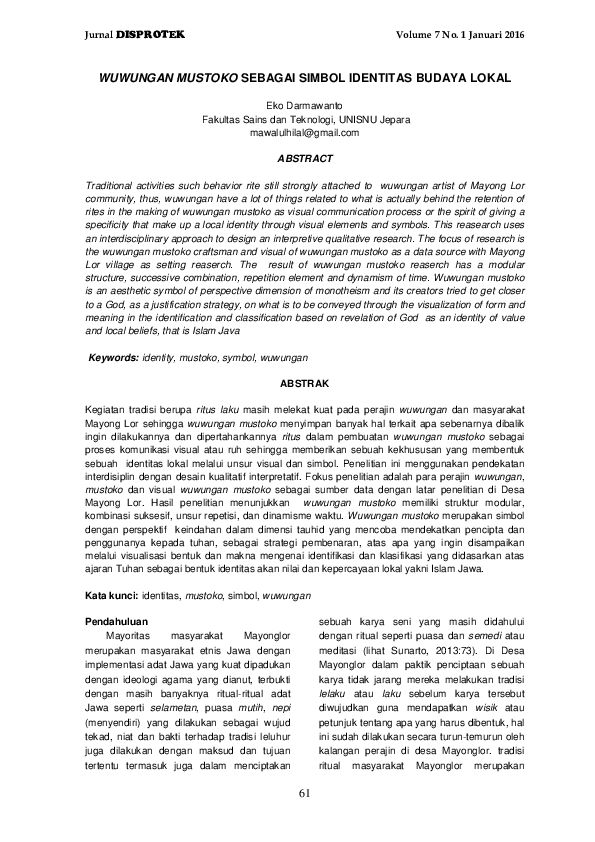 (PDF) Wuwungan Mustoko Sebagai Simbol Identitas Budaya Lokal