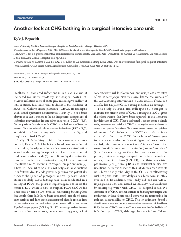 (PDF) Another look at CHG bathing in a surgical intensive care unit