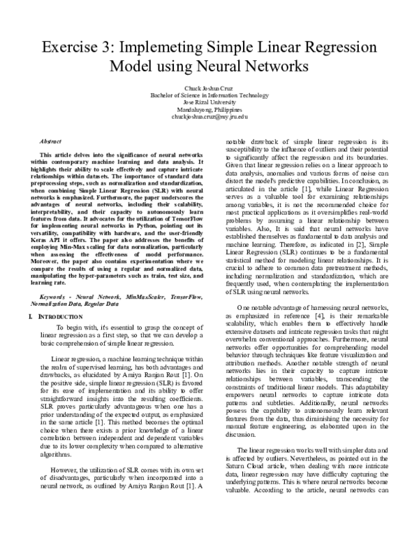 (DOC) Neural Networks for Simple Linear Regression Implementation
