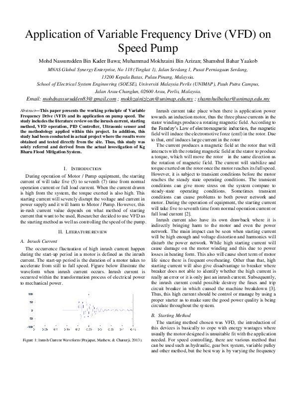 Pdf Application Of Variable Frequency Drive Vfd On Speed Pump
