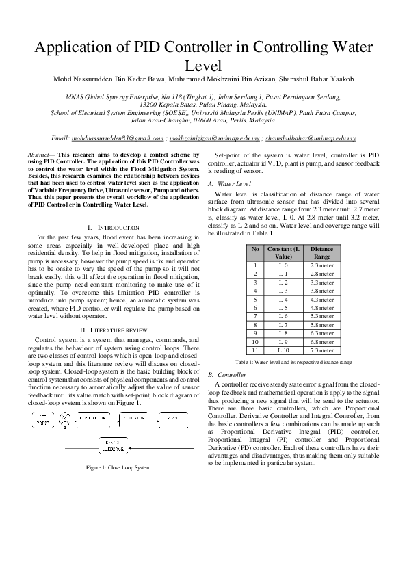 (PDF) Application of PID Controller in Controlling Water Level
