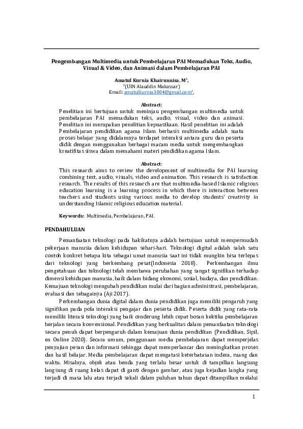 (DOC) Pengembangan Multimedia untuk Pembelajaran PAI Memadukan Teks, Audio, Visual & Video, dan ...