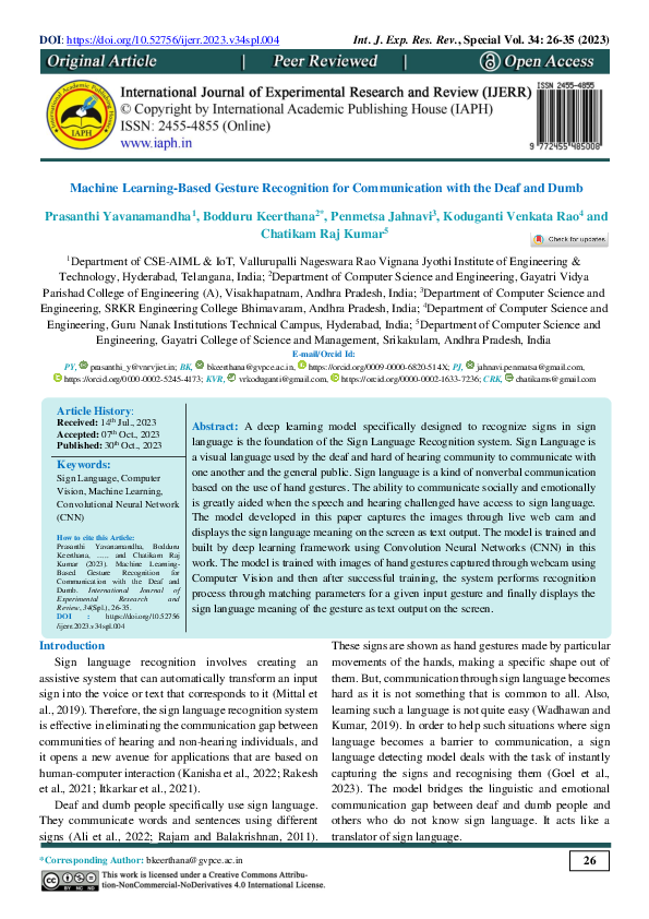 Pdf Machine Learning Based Gesture Recognition For Communication With