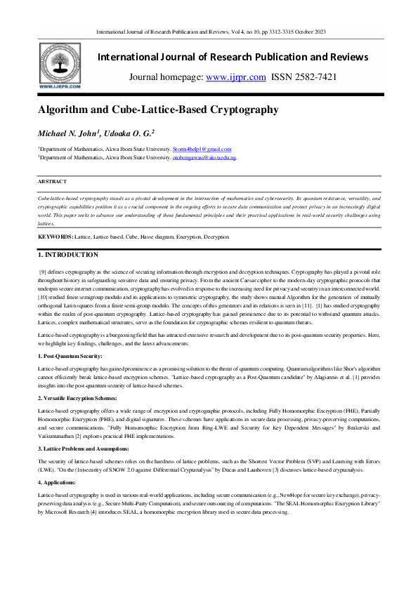 (PDF) Algorithm and Cube-Lattice-Based Cryptography