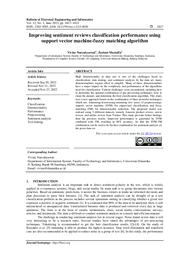 (PDF) Improving sentiment reviews classification performance using support vector machine-fuzzy ...