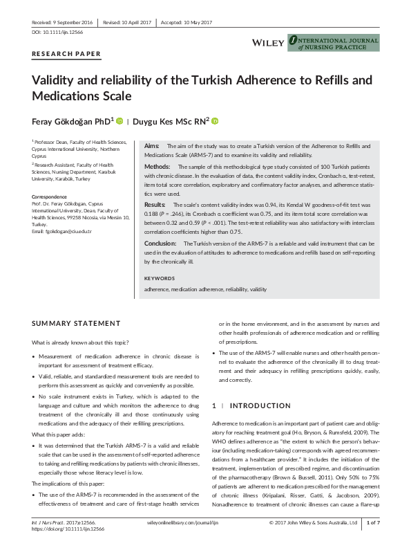 (PDF) Validity and reliability of the Turkish Adherence to Refills and Medications Scale
