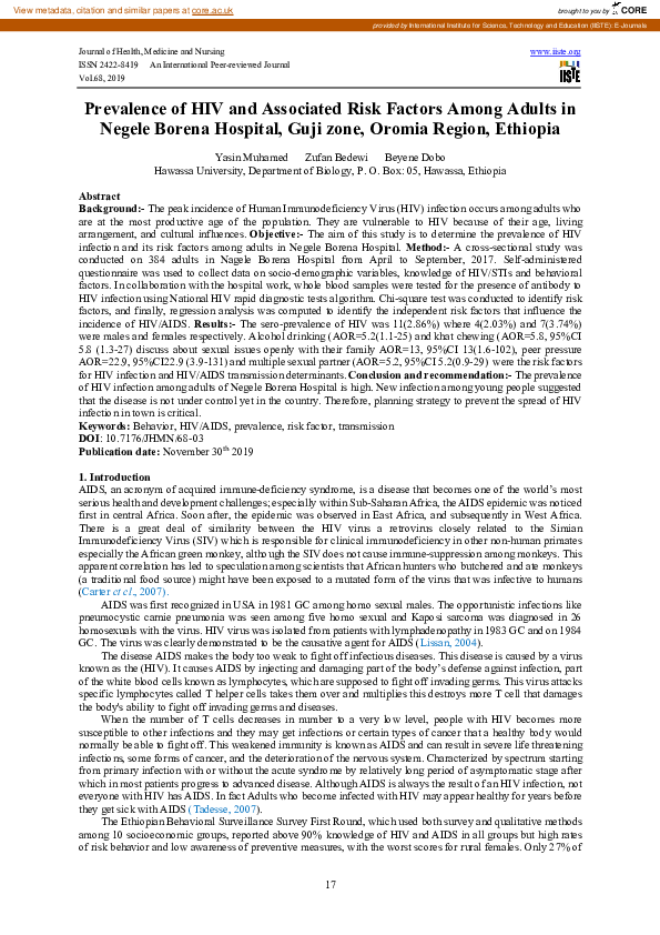 (PDF) Prevalence of HIV and Associated Risk Factors Among Adults in ...