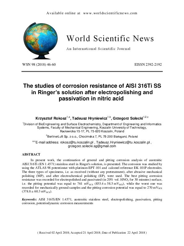 (PDF) The studies of corrosion resistance of AISI 316Ti SS in Ringer’s solution after ...