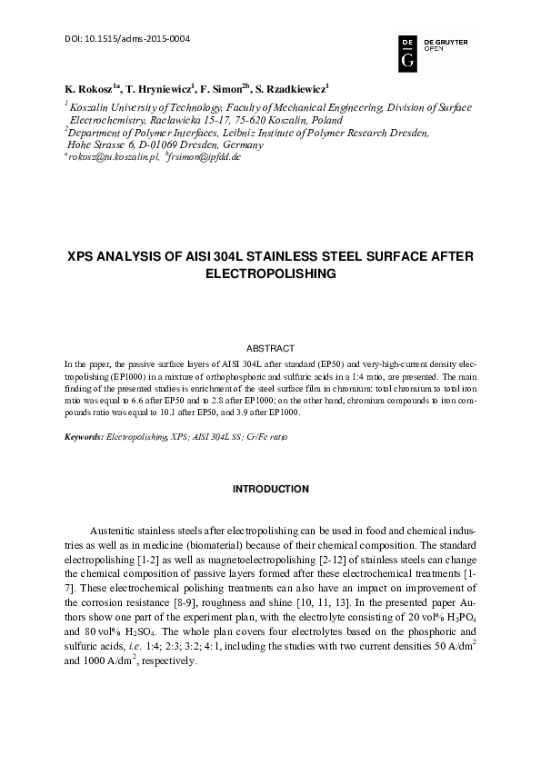 (PDF) XPS Analysis of AISI 304L Stainless Steel Surface after Electropolishing