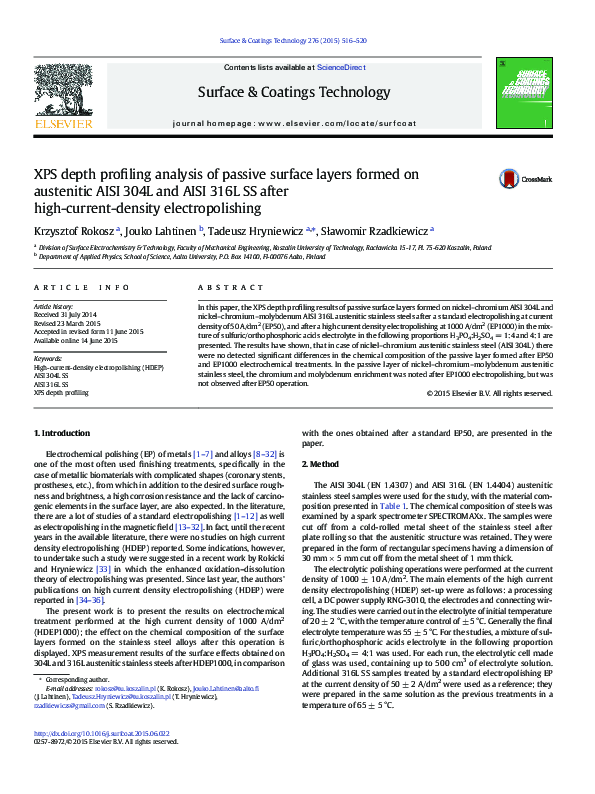 (PDF) XPS depth profiling analysis of passive surface layers formed on austenitic AISI 304L and ...