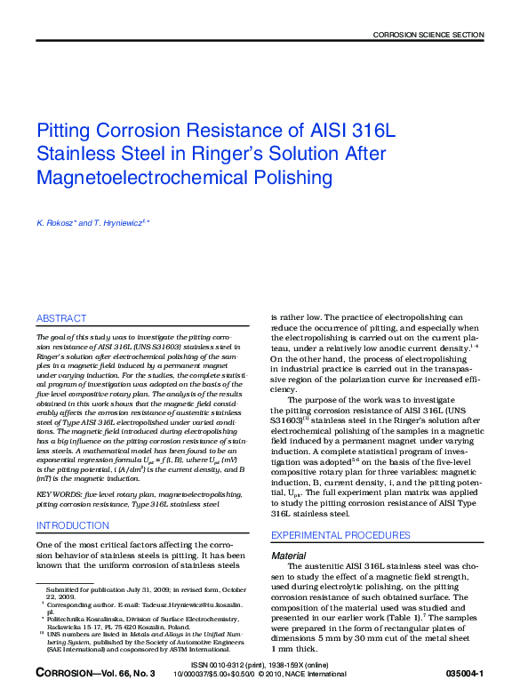 (PDF) Pitting Corrosion Resistance of AISI 316L Stainless Steel in Ringer's Solution after ...