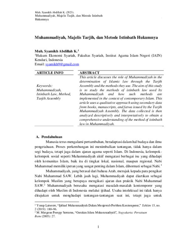 (PDF) Muhammadiyah, Majelis Tarjih, dan Metode Istinbath Hukumnya