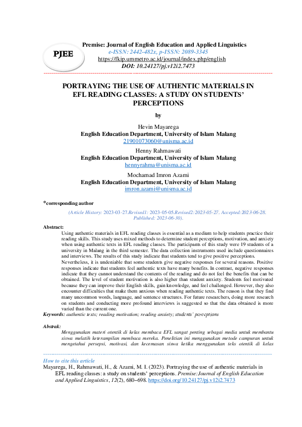 (PDF) Portraying the Use of Authentic Materials in Efl Reading Classes ...