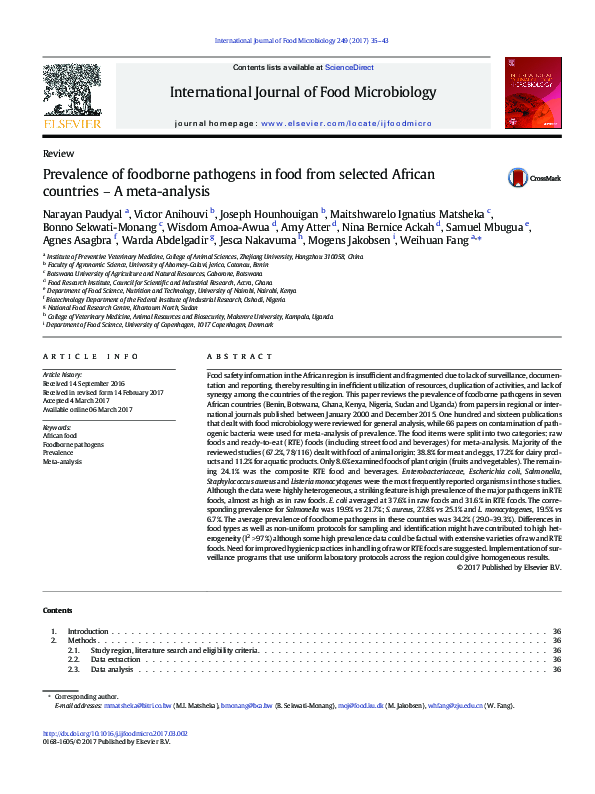 (PDF) Prevalence of foodborne pathogens in food from selected African ...