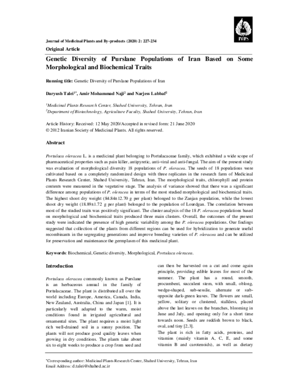 (PDF) Genetic Diversity of Purslane Populations of Iran Based on Some ...