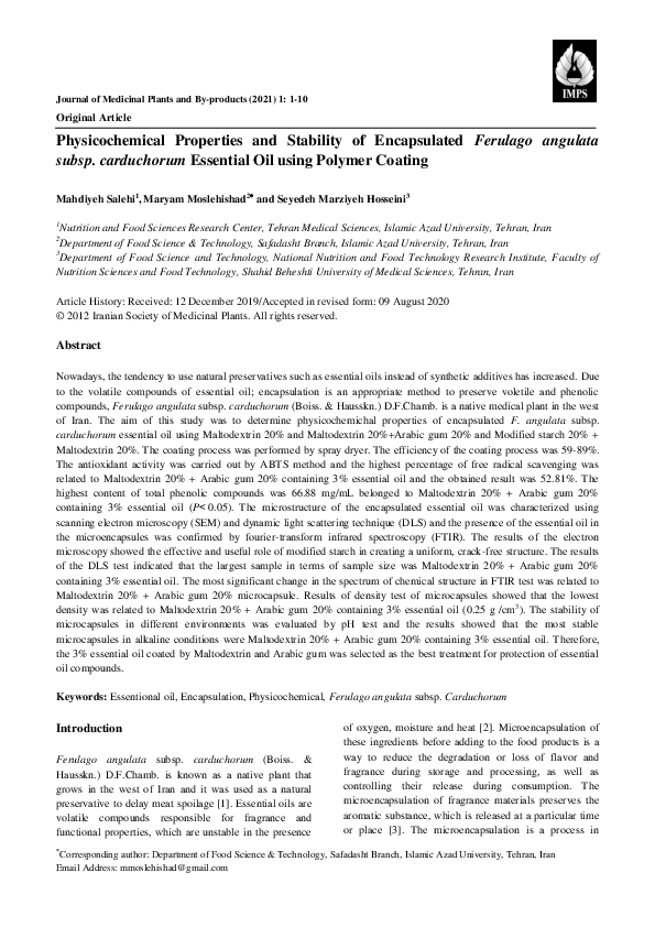 (PDF) Physicochemical Properties and Stability of Encapsulated Ferulago ...